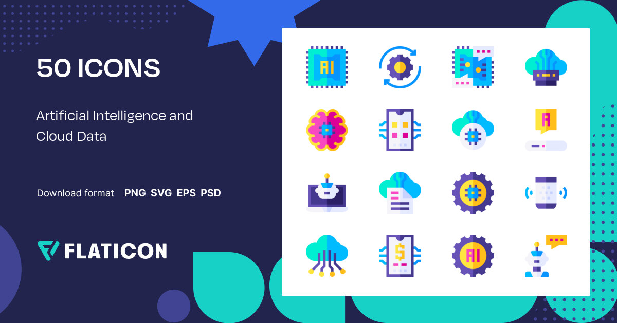 Artificial Intelligence and Cloud Data Icon Pack | Flat | 50 .SVG Icons