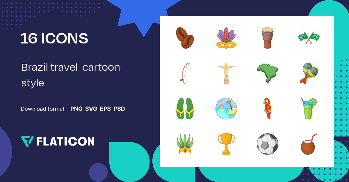 Brazil travel cartoon style Icon Pack | Color lineal-color | 16 .SVG Icons