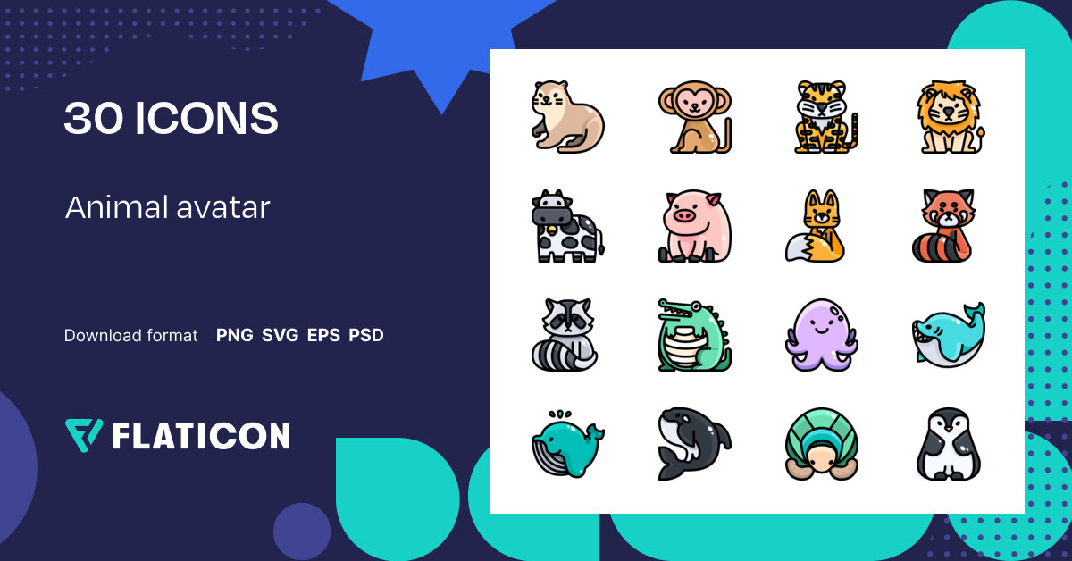 Animal avatar Icon Pack | Color lineal-color | 30 .SVG Icons