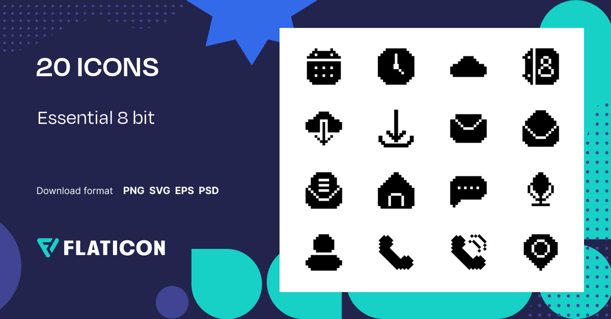 Essential 8 bit Icon Pack | Black fill | 20 .SVG Icons