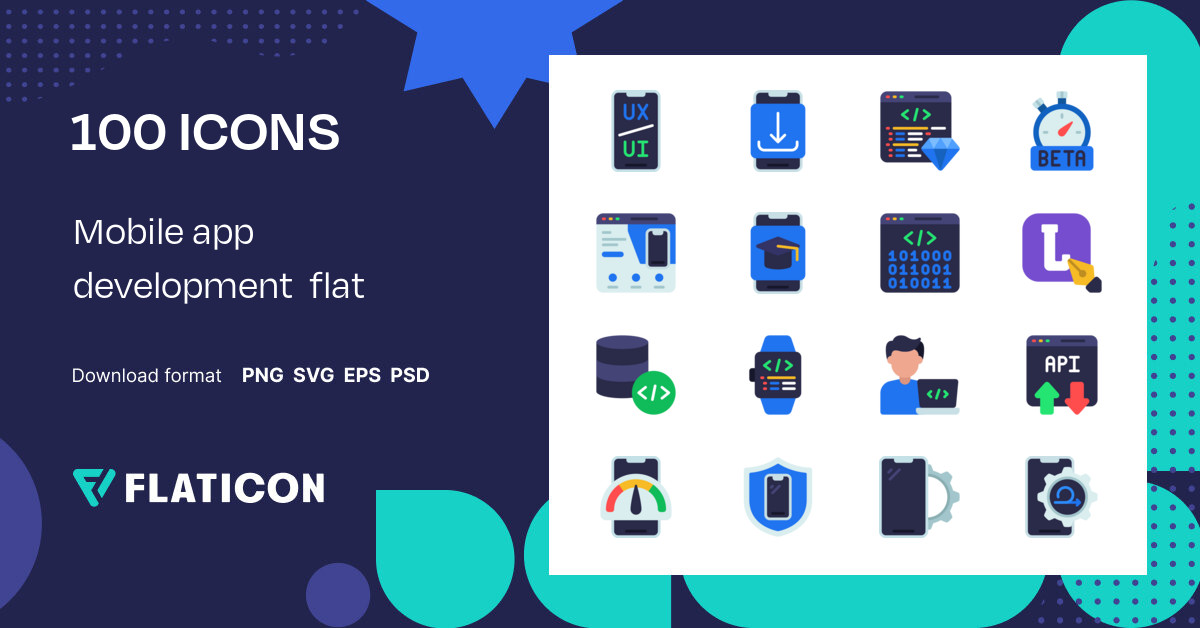 Mobile app development flat Icon Pack | 100 .SVG Icons