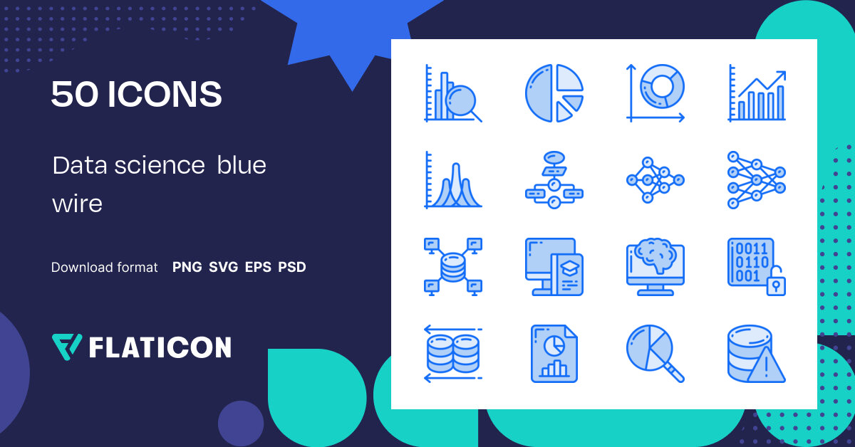 Data science blue wire Icon Pack | Color lineal-color | 50 .SVG Icons