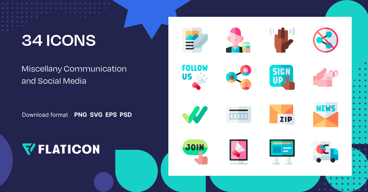 Miscellany Communication and Social Media Icon Pack | Flat | 34 .SVG Icons