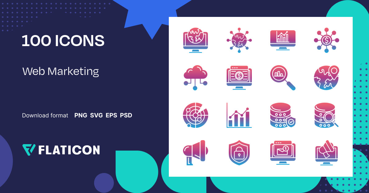 Web Marketing Icon Pack | Flat Gradient | 100 .SVG Icons
