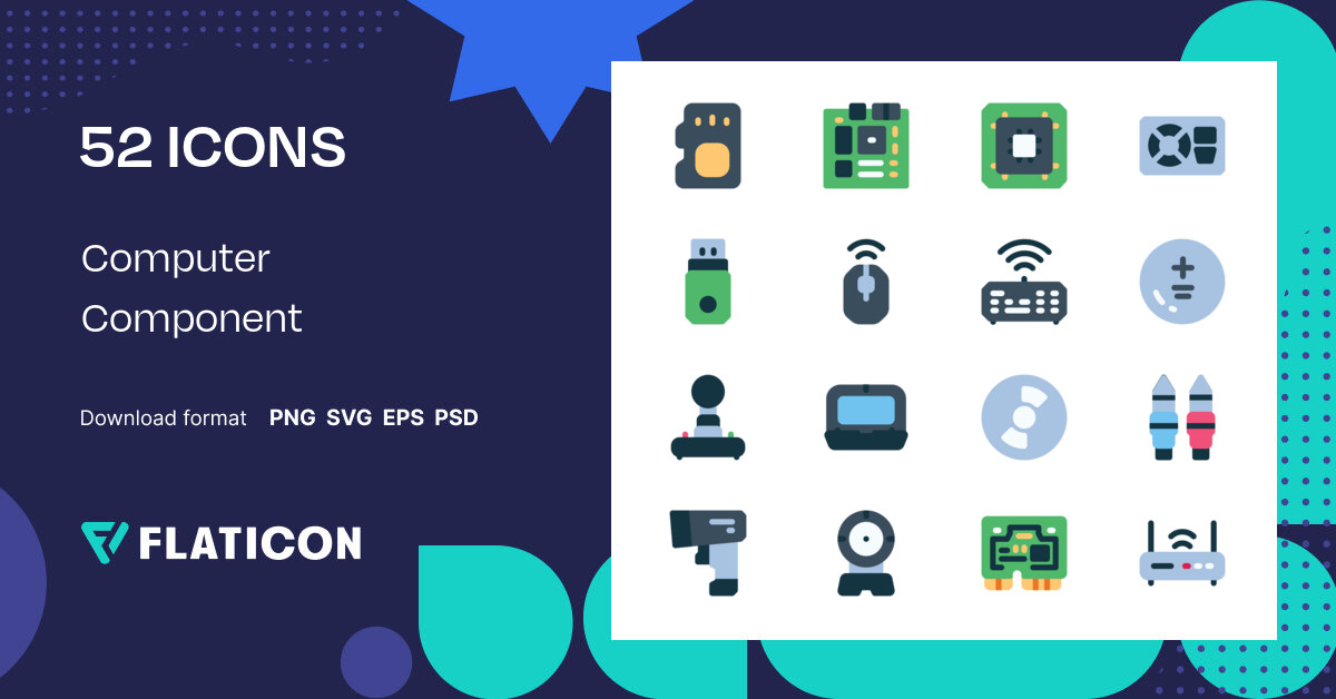 Computer Component Icon Pack | Flat | 52 .SVG Icons