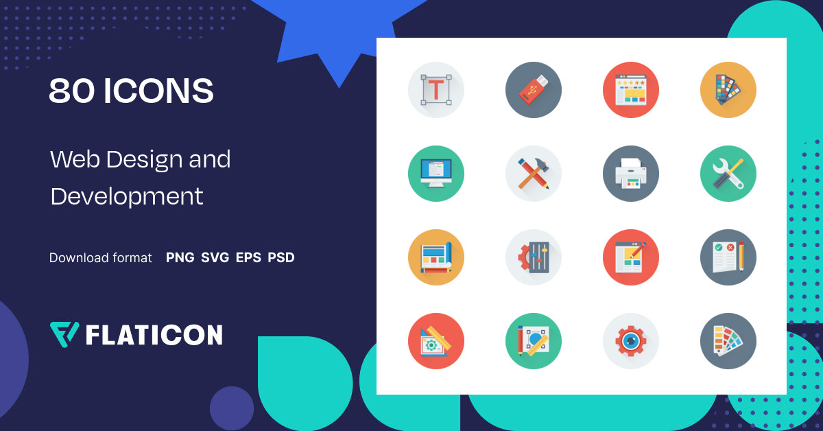 Web Design and Development Icon Pack | Color fill | 80 .SVG Icons